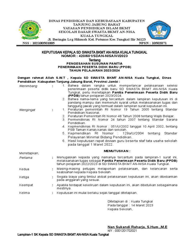 SK PPDB SD Annisa 2023 | PDF