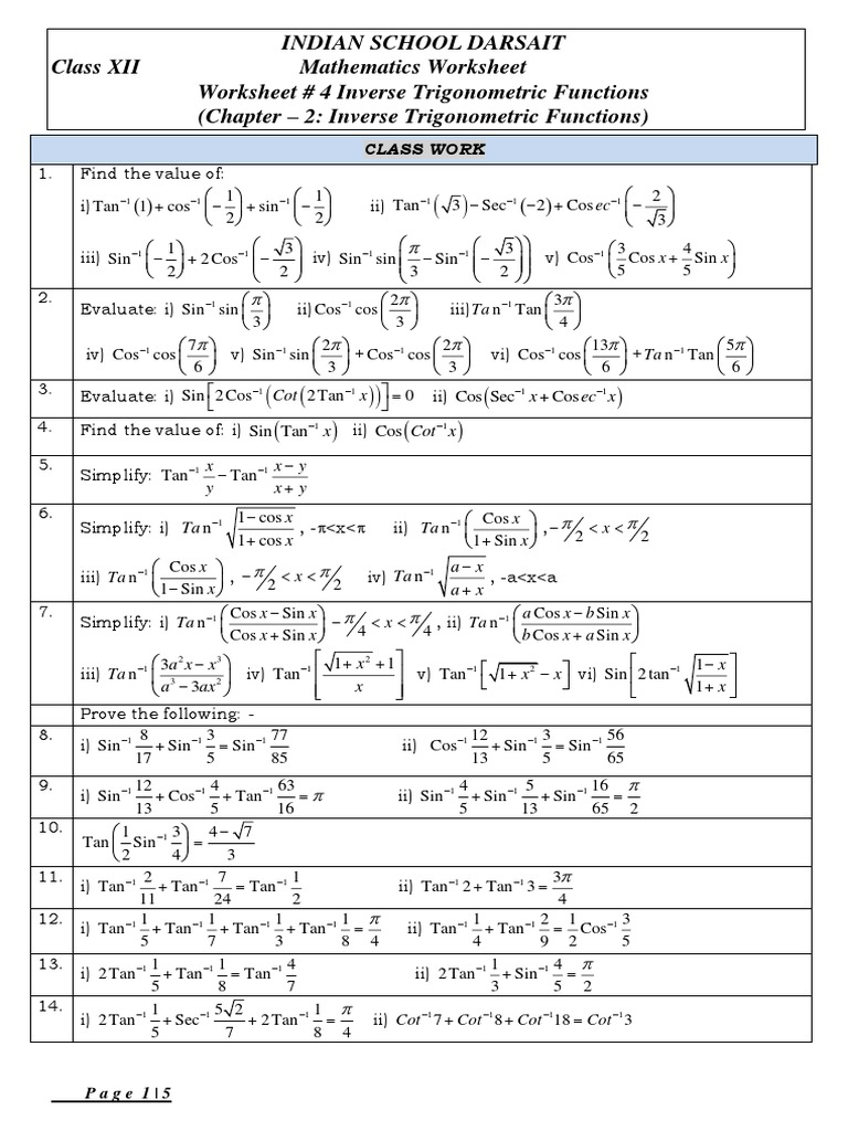 Worksheet 4 Inverse Trigo Functions | PDF