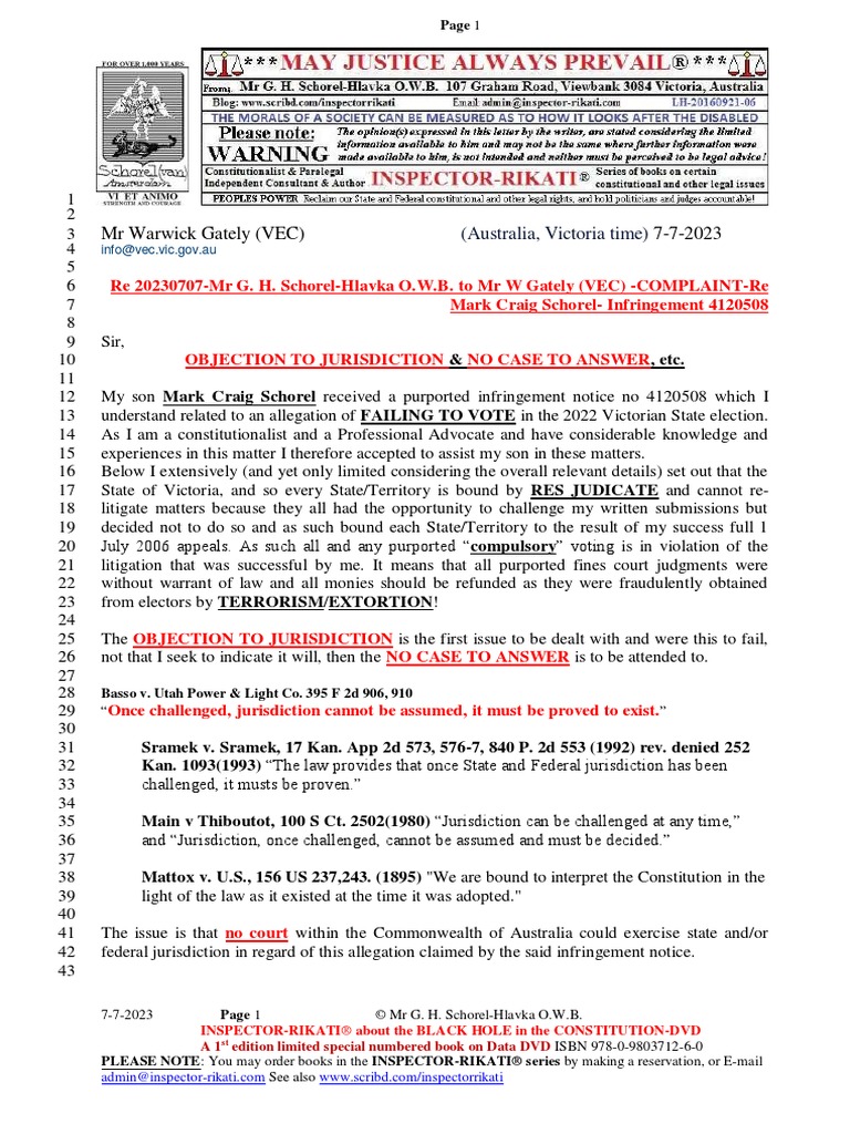 20230707-Mr G. H. Schorel-Hlavka O.W.B. To MR W Gately-VEC-COMPLAINT-Re ...