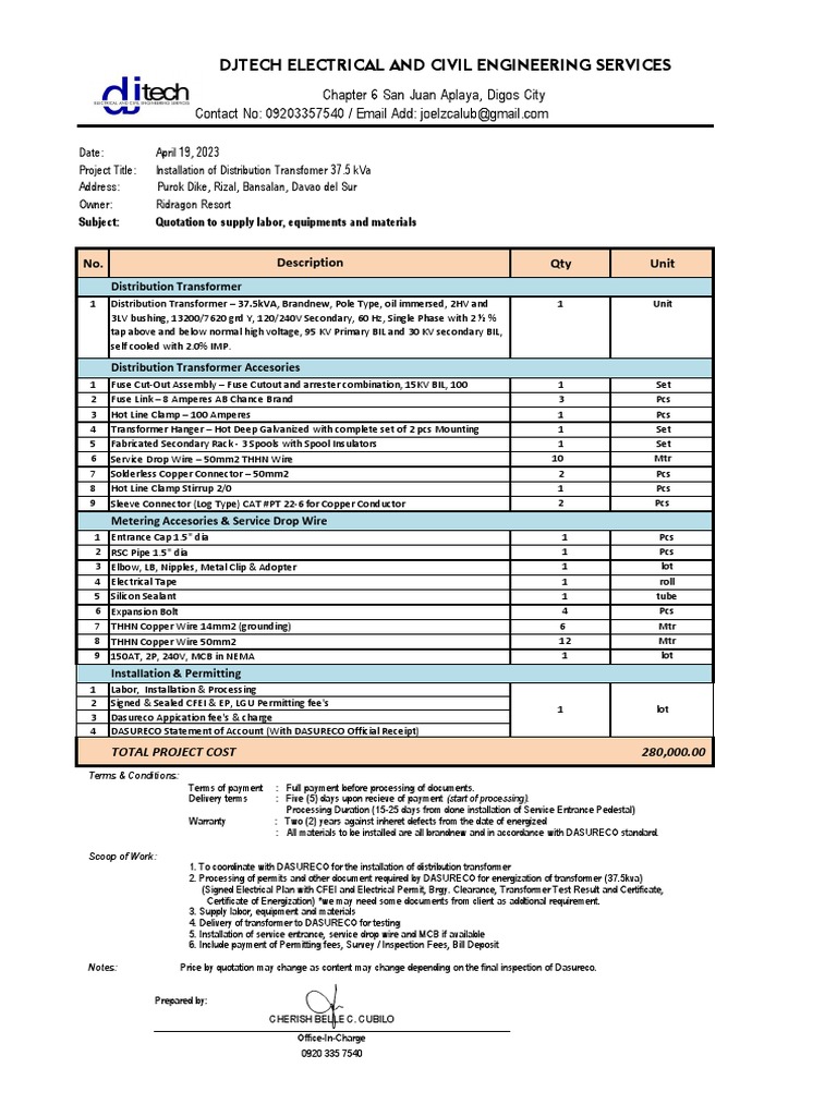 Distribution Transformer Installation Quotation | PDF