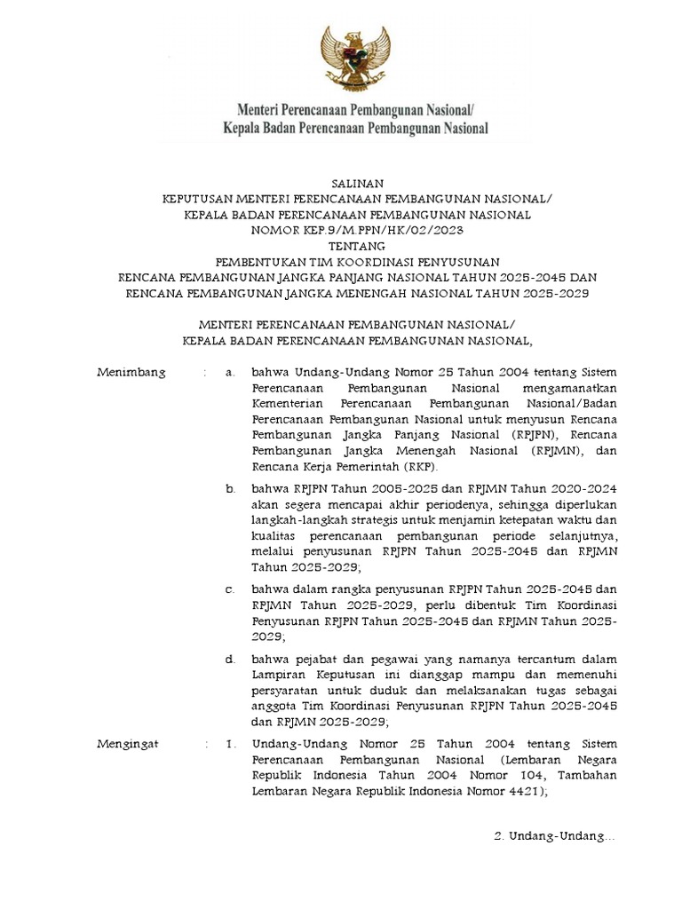 SK Tim Penyusunan RPJPN 2025 - 2029 | PDF