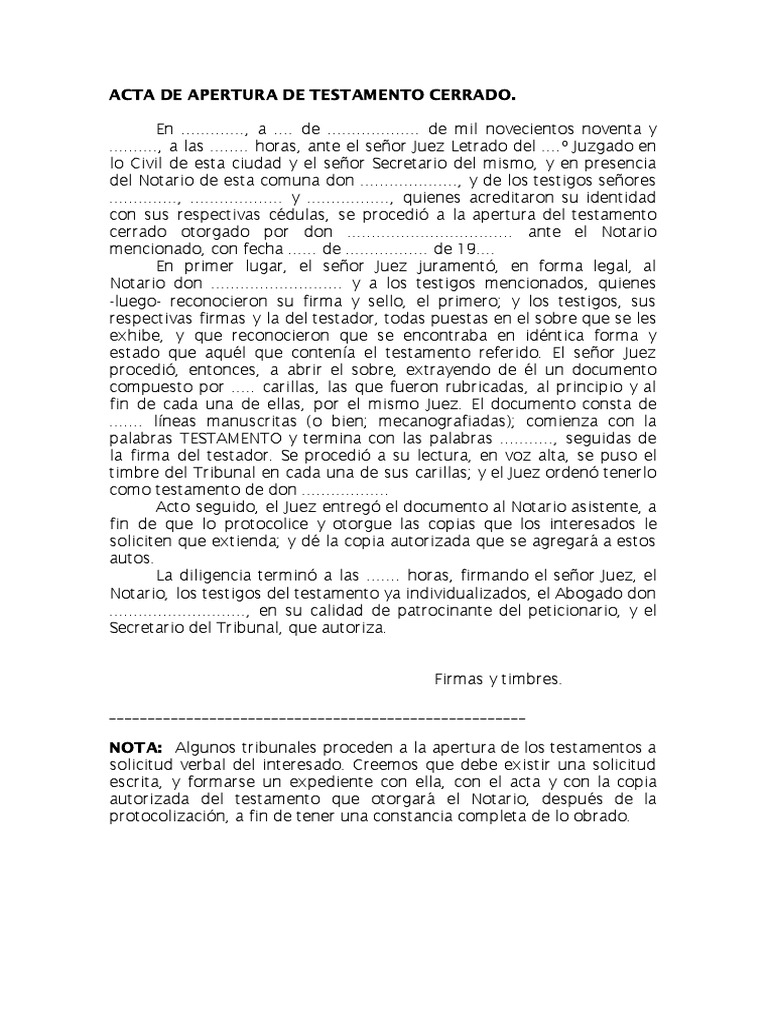 Acta de apertura de testamento cerrado.docx | PDF | Voluntad y ...