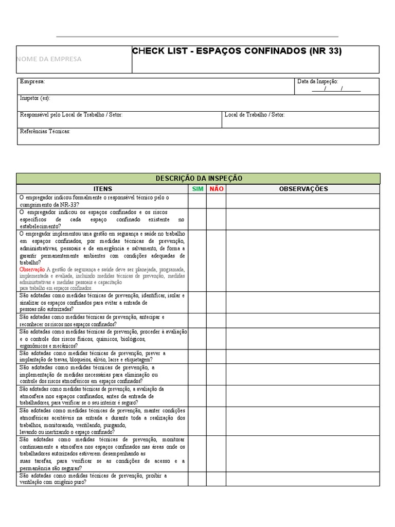 Modelo de Check List - NR 33 | PDF | Negócios | Computadores
