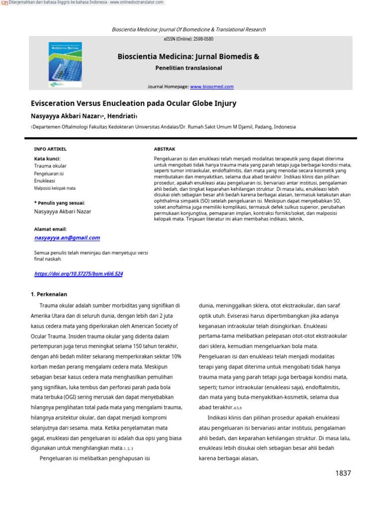 Evisceration Versus Enucleation in Ocular Globe Injury - En.id | PDF