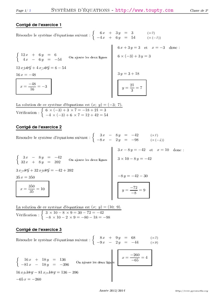 Corrigés de Systèmes d'Équations | PDF