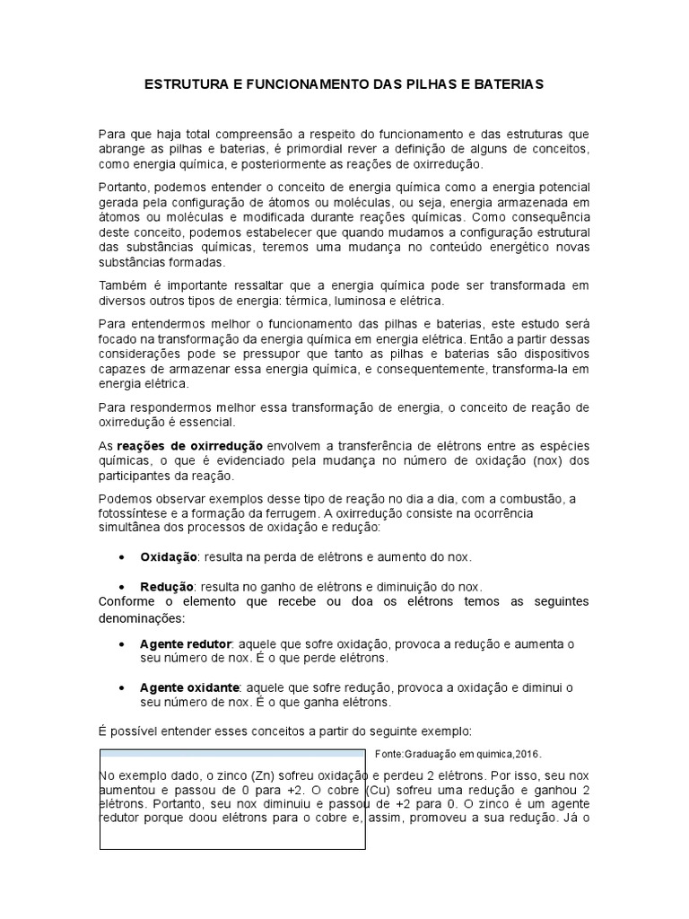 Estrutura e Funcionamento das Pilhas | PDF | Redox | Reações químicas