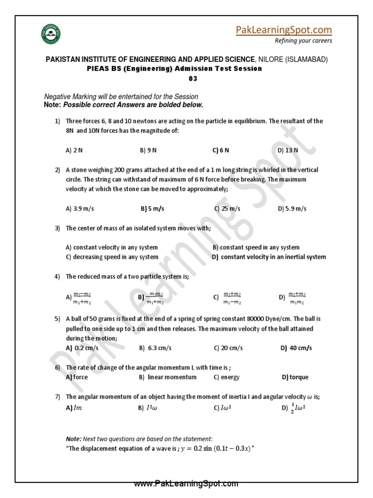 PIEAS 03 Past Paper PakLearningSpot | PDF | Capacitor | Force