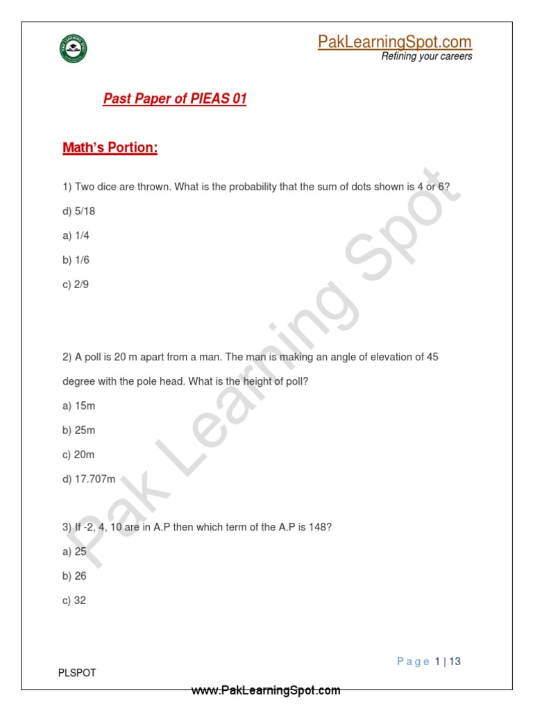 PIEAS Past Paper: Math, Physics, Chemistry | PDF | Force | Circle