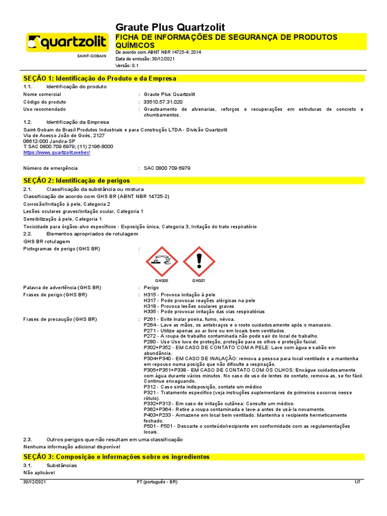 FISPQ Graute Plus Quartzolit | PDF | Queimadura | Primeiros socorros