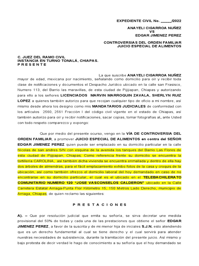 Ejemplo de Demanda de Alimentos | PDF | Derecho
