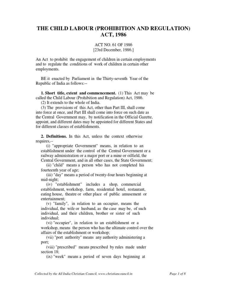 Child Labour Prohibition and Regulation Act 1986 | PDF | Committee | Repeal
