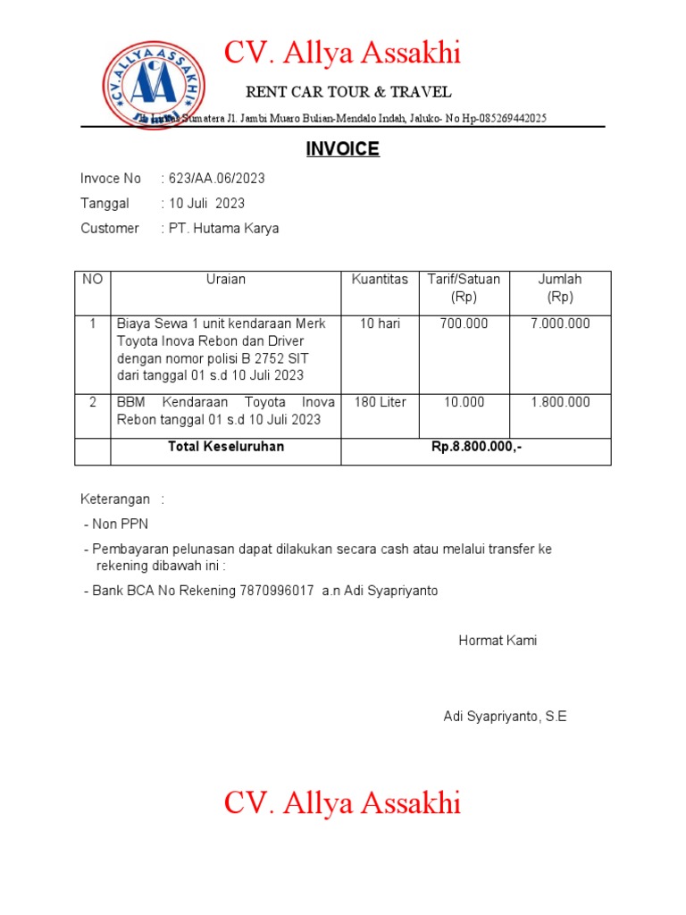 Invoice Sewa Kendaraan PT Hutama Karya | PDF