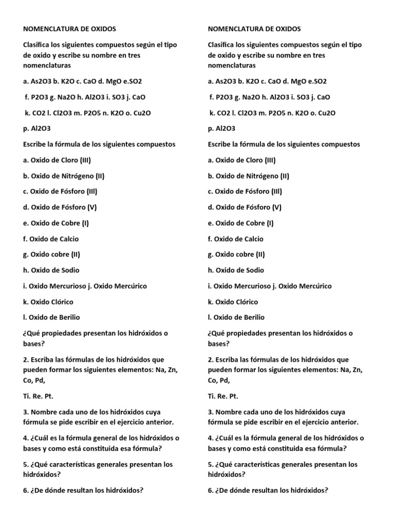 Ejercicios Nomenclatura de Oxidos | PDF | Hidróxido | Óxido