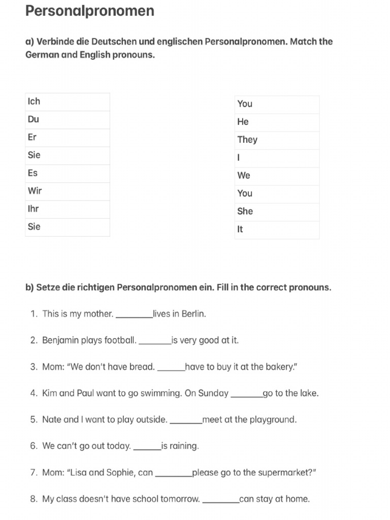 Personalpronomen Englisch Grundschulübungen | PDF