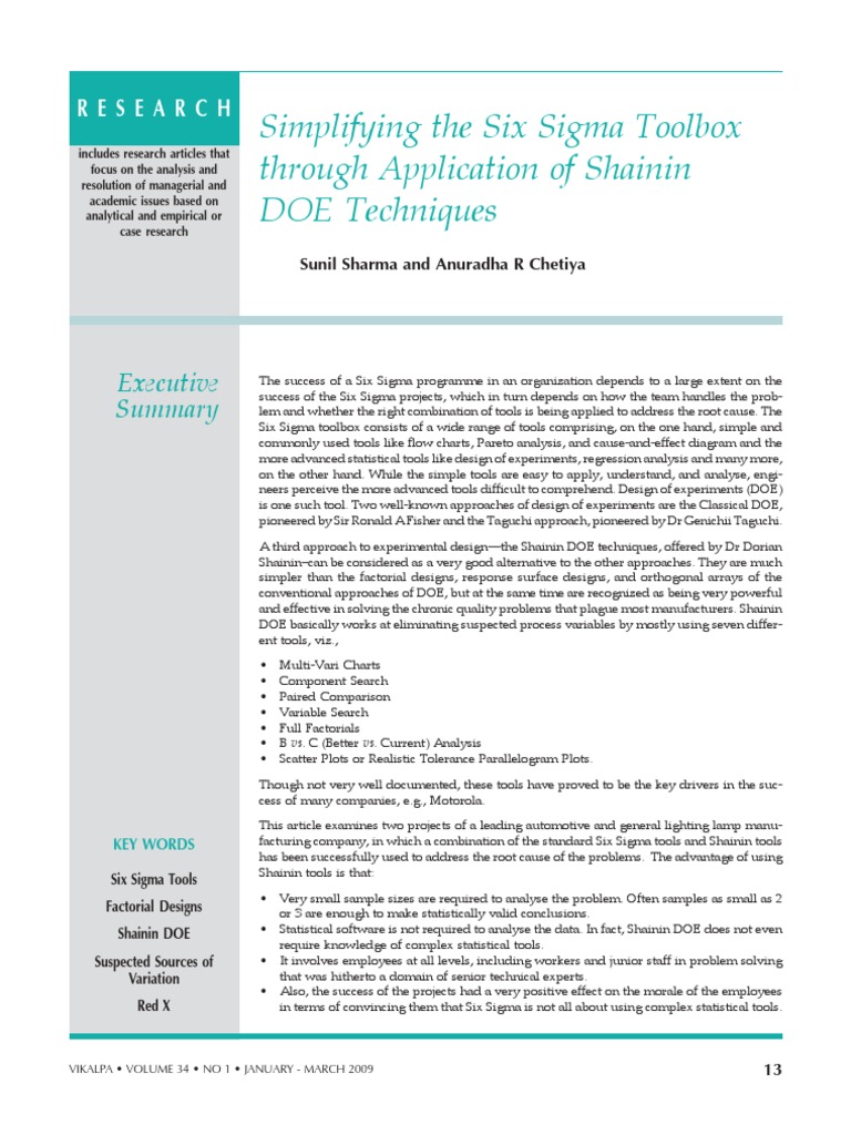 Sharma Chetiya 2009 Simplifying The Six Sigma Toolbox Through Application of Shainin Doe ...