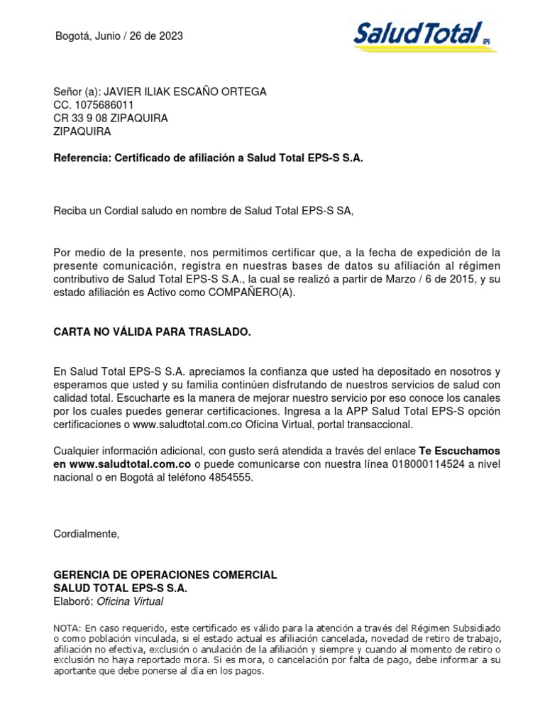 Referencia: Certificado de Afiliación A Salud Total EPS-S S.A | PDF