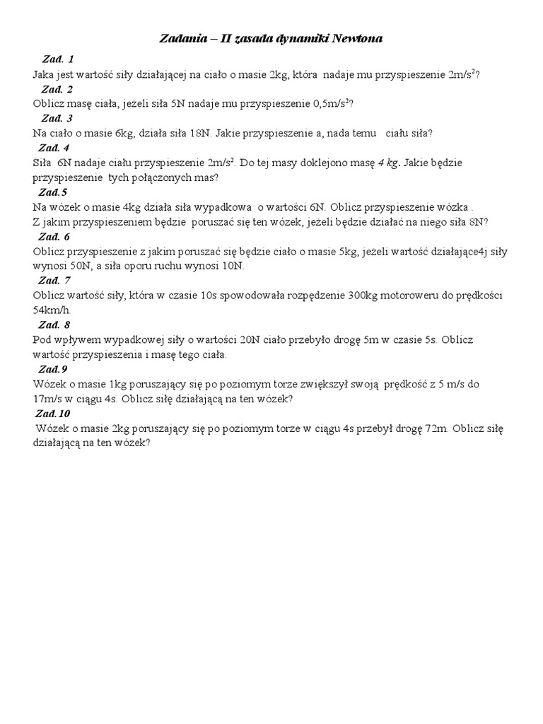 Zadania - II Zasada Dynamiki Newtona | PDF