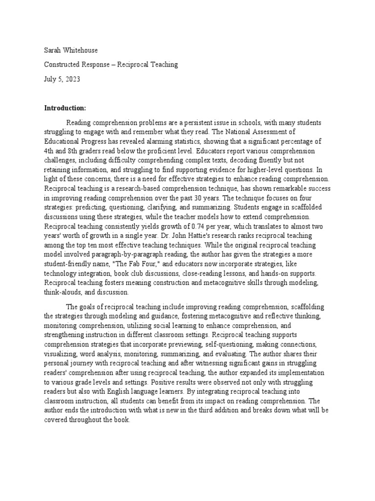 Constructed Response - Reciprocal Teaching | PDF | Reading Comprehension | Behavior Modification