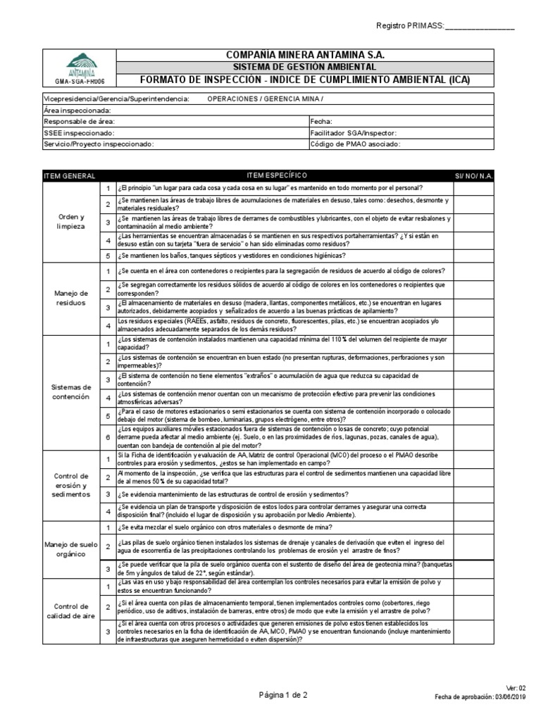 Formato ICA - Gerencia Mina | PDF | Suelo | Residuos