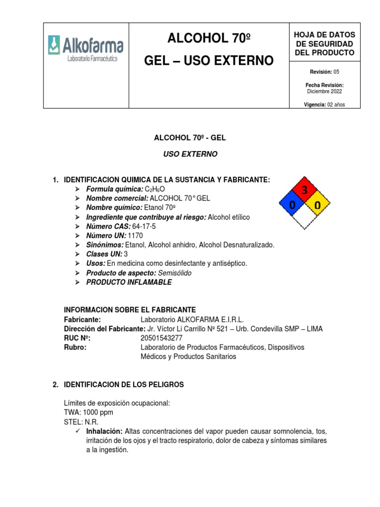 Alcohol 70º Gel: Hoja de Seguridad | PDF | Etanol | Agua