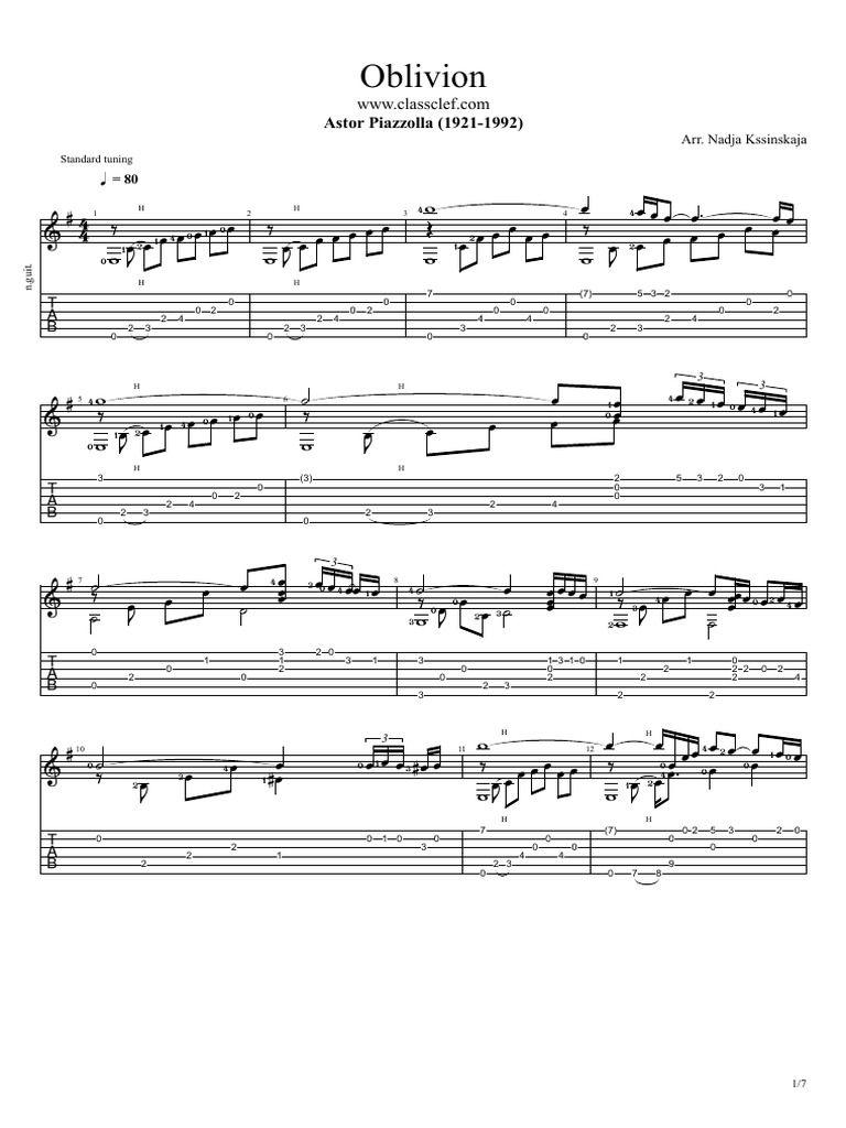 Astor Piazzolla Oblivion Arr Nadia Kossinskaja Tablatura | PDF
