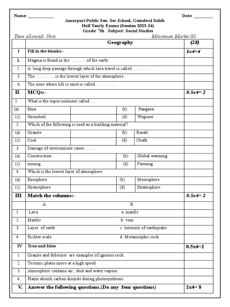 Class 7th First Term | PDF | Atmosphere Of Earth | Rock (Geology)