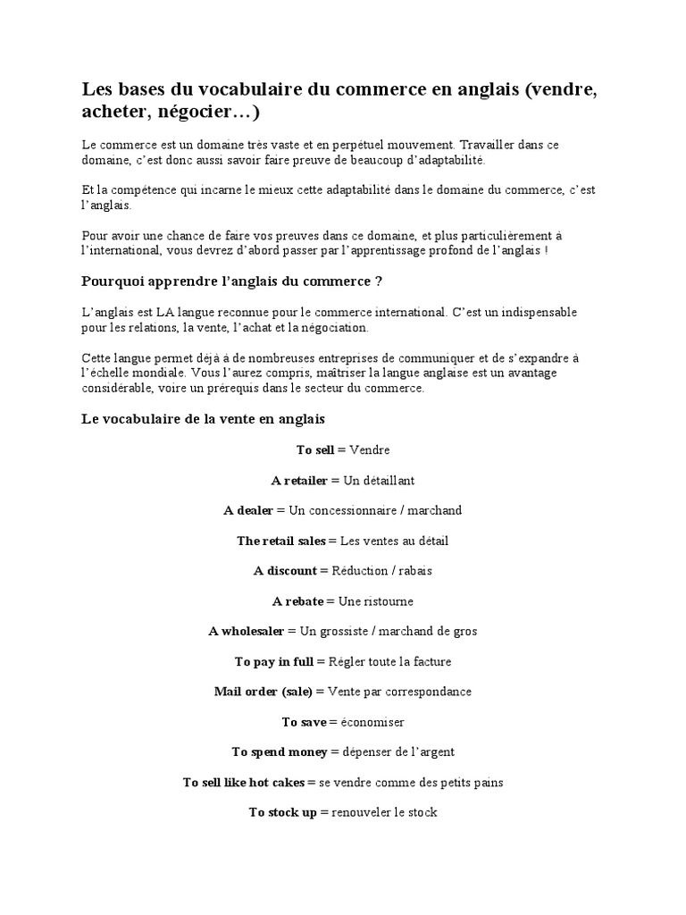 Les bases du vocabulaire du commerce en anglais | PDF