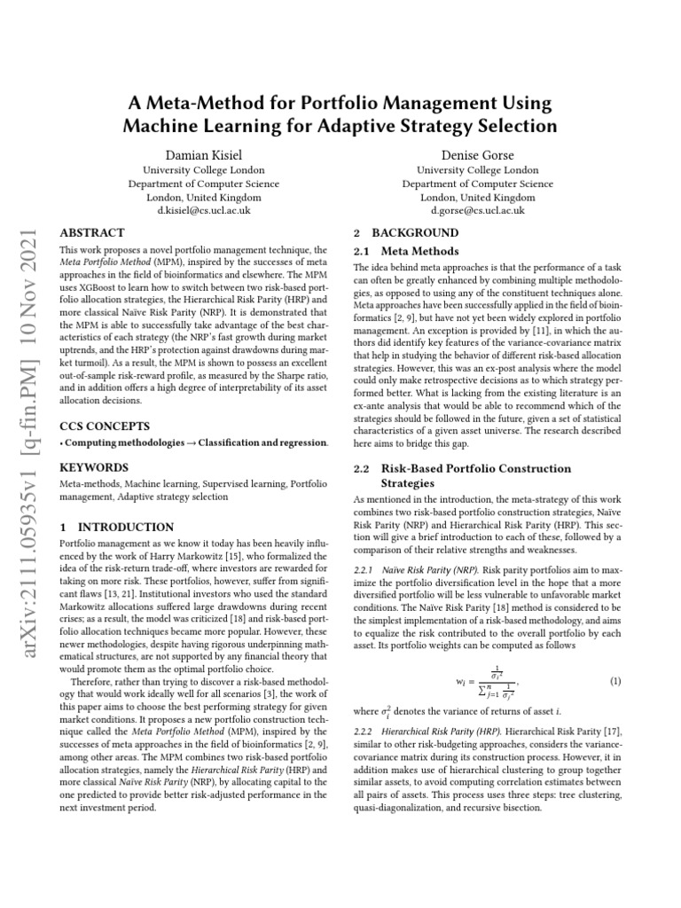 A Meta-Method For Portfolio Management Using Machine Learning For Adaptive Strategy Selection | PDF