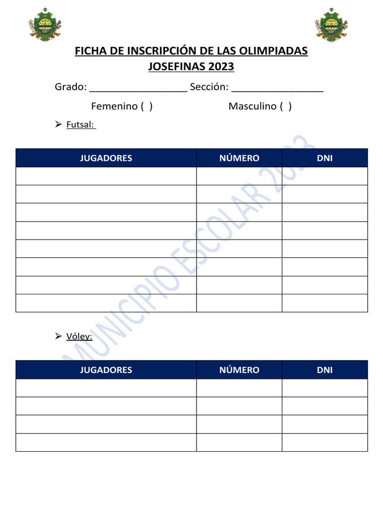 Ficha de Inscripción de Las Olimpiadas Josefinas 2023 | PDF