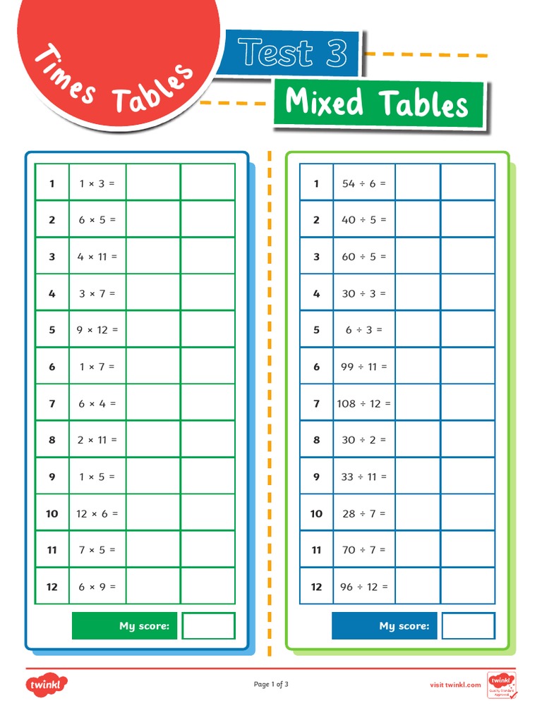 Times Tables Test - Mixed Tables Test 3 | PDF