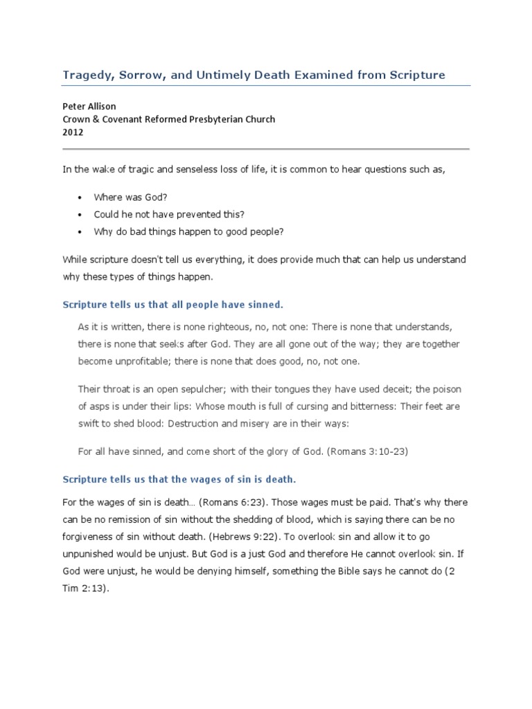 A Christian View of Tragedy Sorrow and Untimely Death | PDF ...