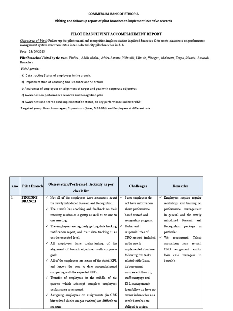 Branch Visit and Follow Up Report June 16,2023 Girma | PDF