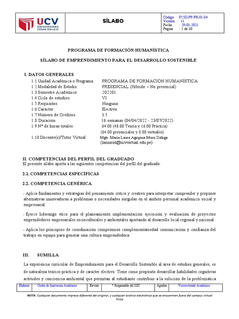 Sílabo Emprendimiento para El Ds 2022-I c11 | PDF