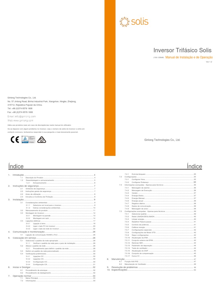 Solis Manual 3P (100-125) K 5G PT V1,2 | PDF | Painel solar | Fonte de ...