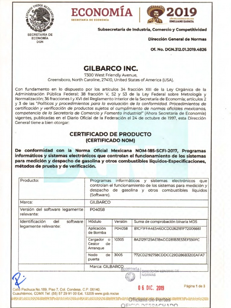 DGN.312.01.2019.4826 Certificado NOM-185 Software P04058 | Descargar ...