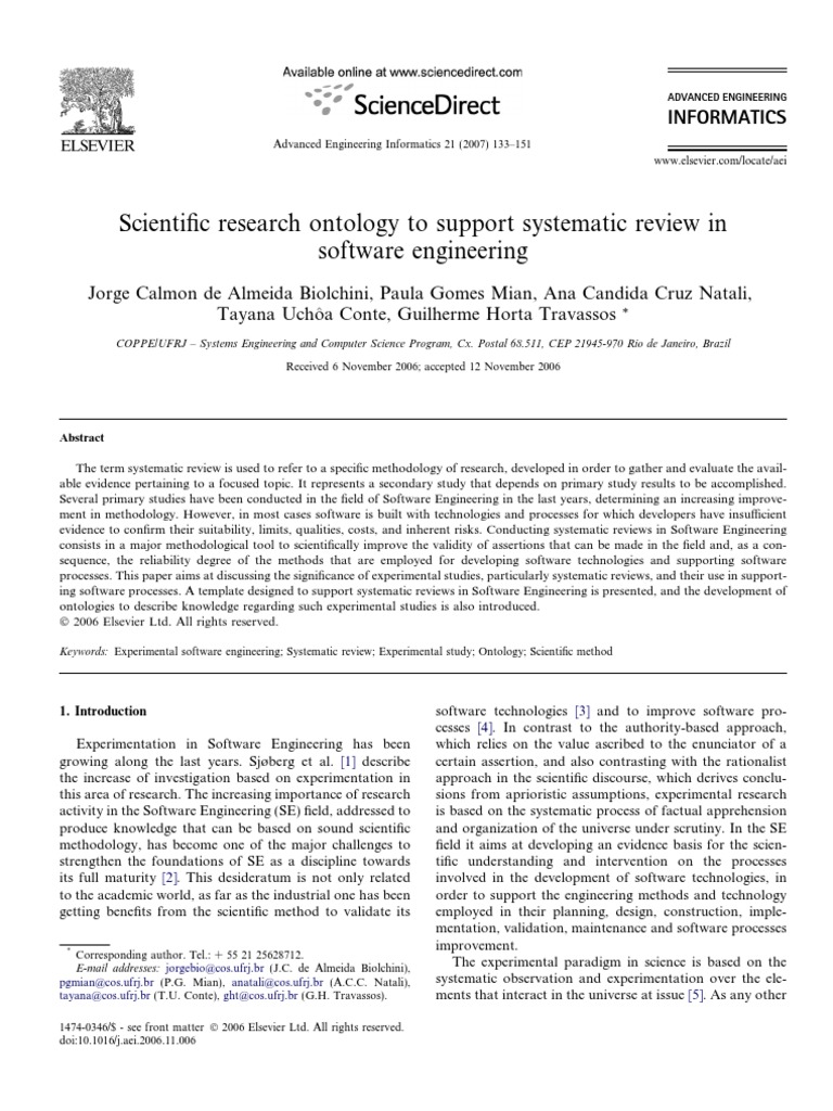 Calmon Et Al. - 2007 - Scientific Research Ontology To Support Systematic Review in Software ...