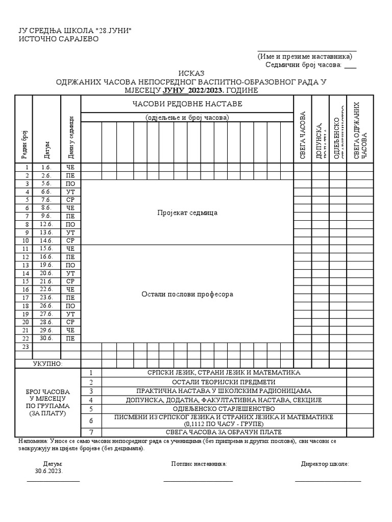 ISKAZ ODRŽANIH ČASOVA PROFESORA ЈУНИ 23 | PDF