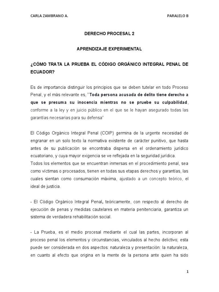 DERECHO PROCESAL 2 Como Trata La Prueba El COIP | PDF | Evidencia (ley) | Derecho penal