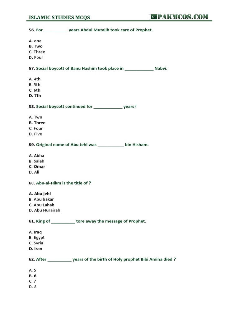 Islamic Studies Mcqs 2 | PDF | Quran | Islam