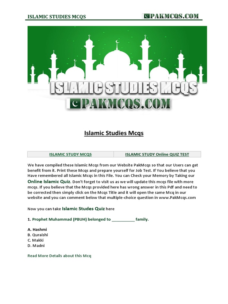 Islamic Studies Mcqs | PDF | Muhammad | Surah Islamic Studies Mcqs | PDF | Muhammad | Surah