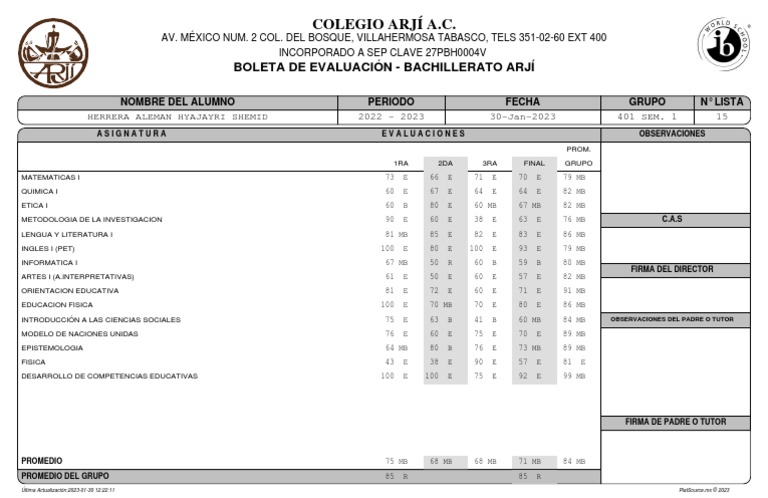 Boleta de Evaluación - Bachillerato Arjí: Nombre Del Alumno Periodo Fecha Grupo #Lista | PDF