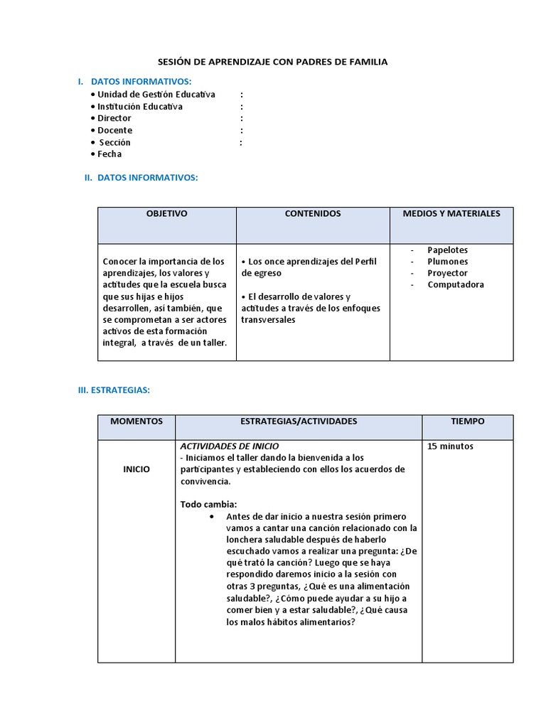 SESIÓN DE APRENDIZAJE CON PADRES DE FAMILIA 2 | PDF | Plan de estudios | Aprendizaje