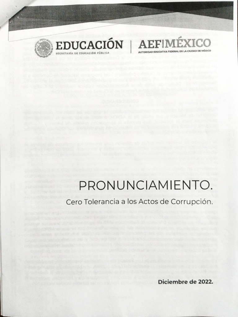 Pronunciamiento Cero Tolerancia A Los Actos de Corrupción | PDF