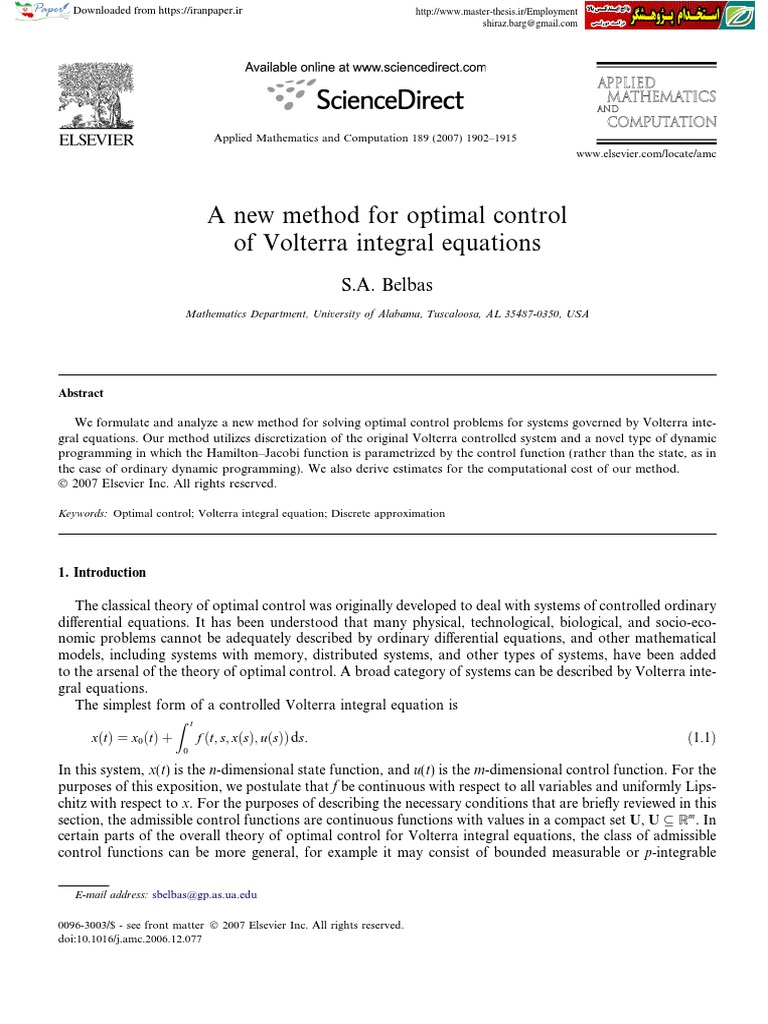 Volterra Integral Equations | PDF | Optimal Control | Dynamic Programming