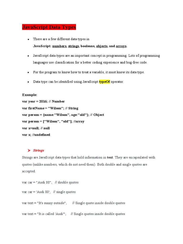 JavaScript Data Types | PDF JavaScript Data Types | PDF