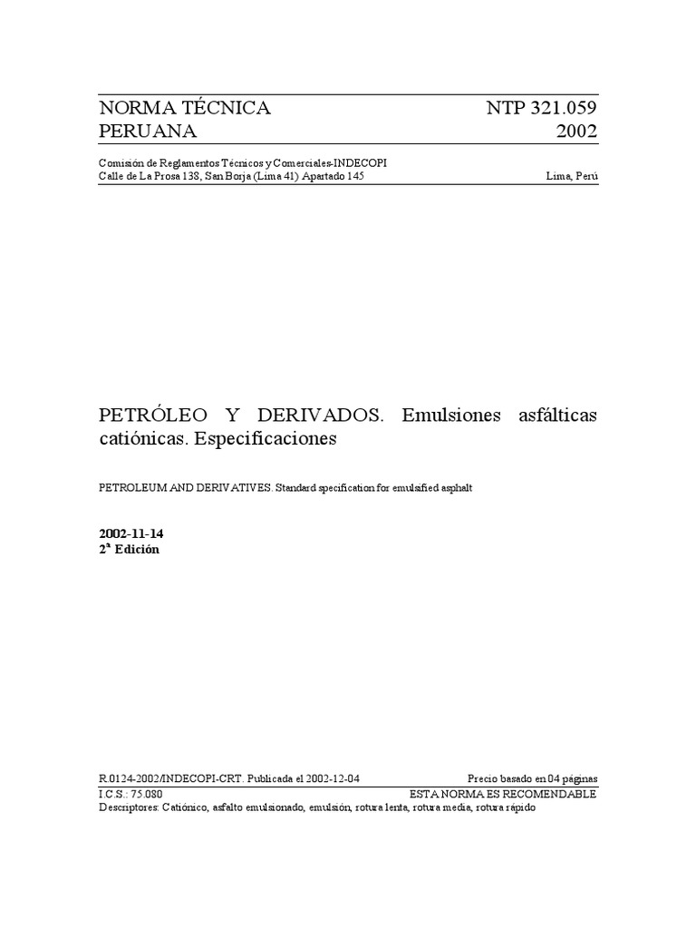 Especificaciones para Emulsiones Asfalticas Cationicas 321.059 | PDF | Perú | Petróleo