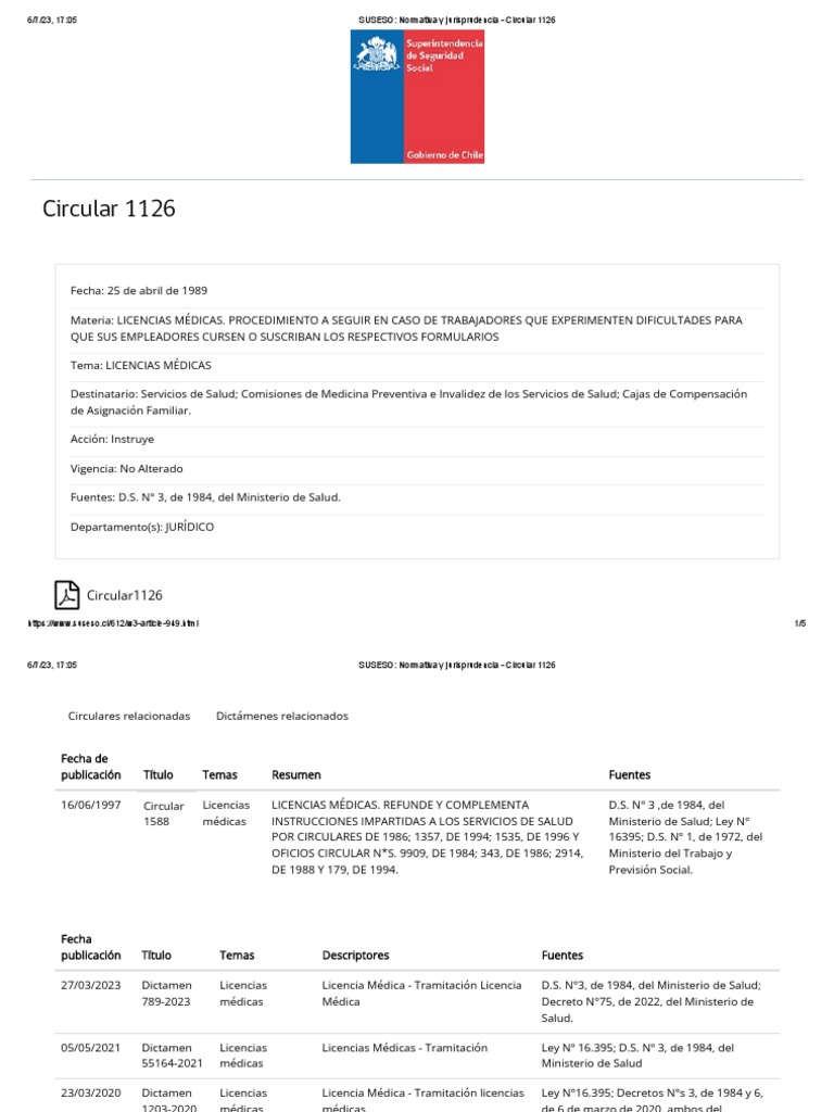 SUSESO_ Normativa y jurisprudencia - Circular 1126 | PDF