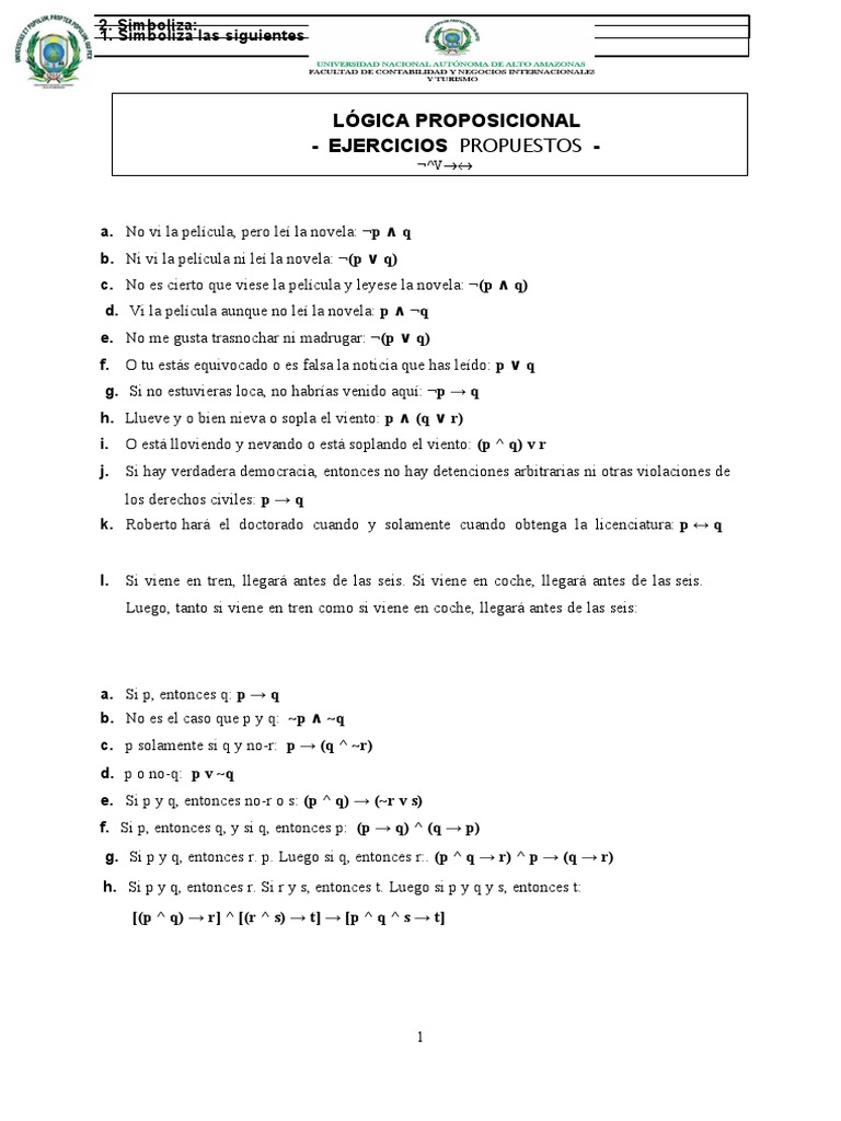 Ejercicios de Simbolización Lógica Proposicional | PDF | Proposición ...