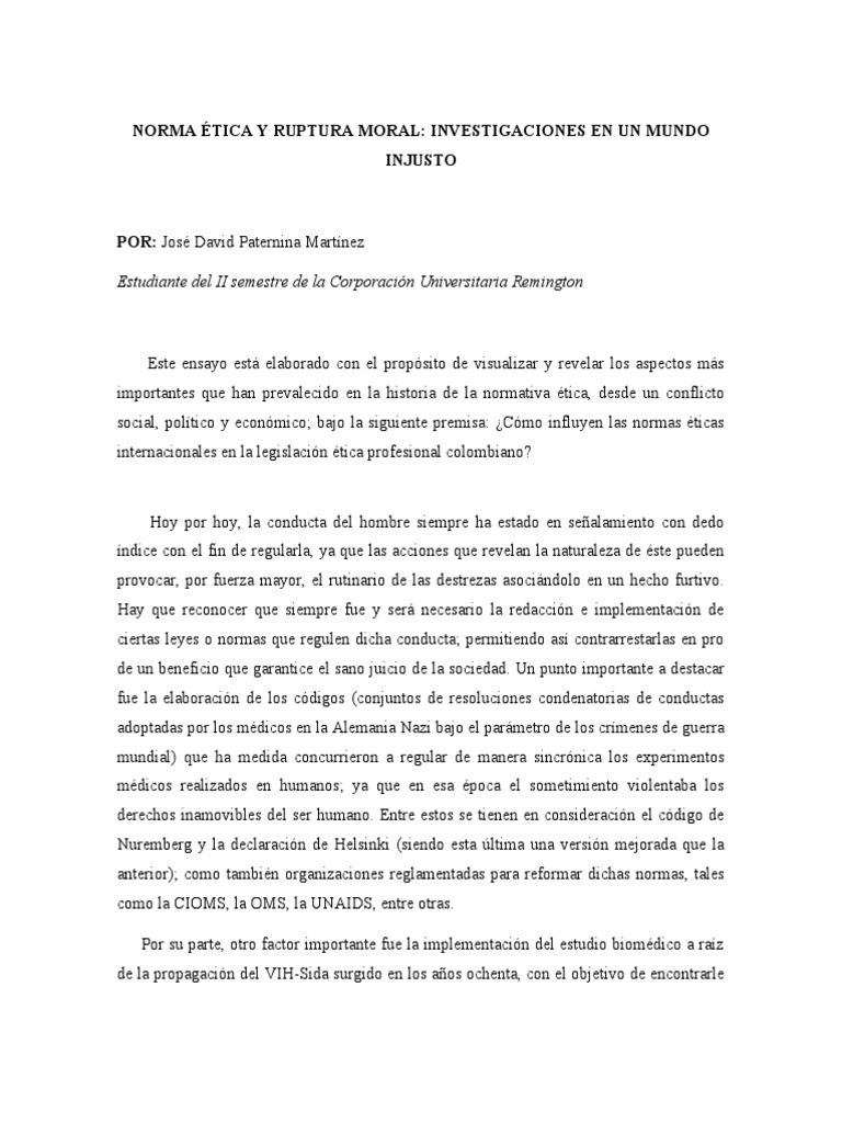 Ensayo - NORMA ÉTICA Y RUPTURA MORAL | PDF | Comportamiento | Moralidad