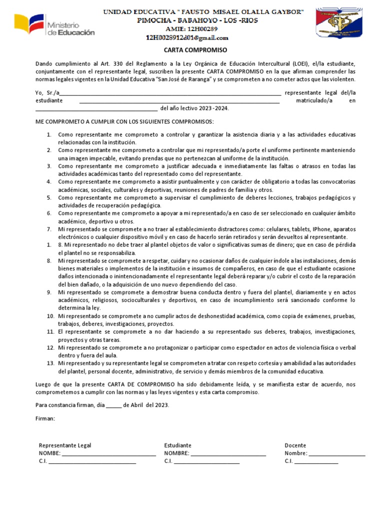 Carta Compromiso Padres 2023 | PDF